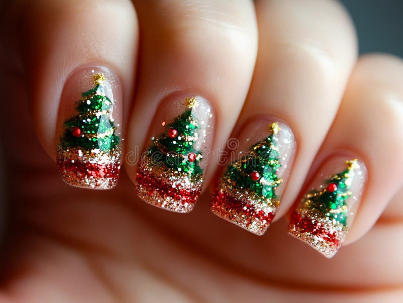Christmas Tree Nail Art Design Stock Photo - Image of glitter, festive ...
