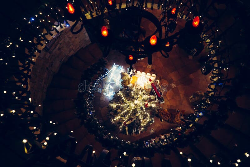 Christmas Tree Near the Spiral Staircase. View from Above. Stock Image ...