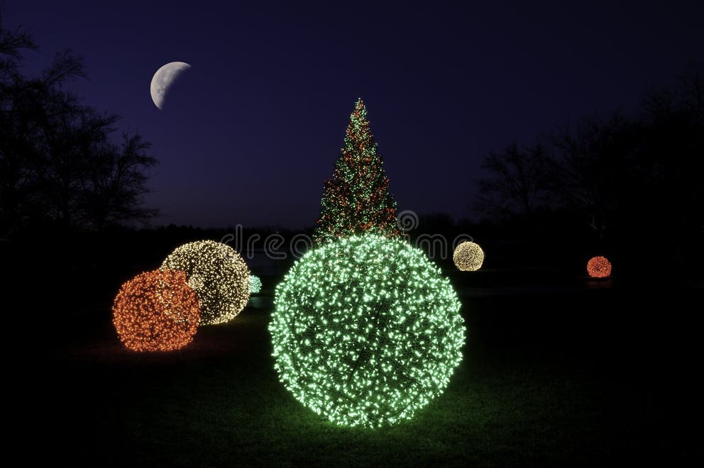 Christmas Tree at Night with the Moon Stock Photo - Image of moon ...
