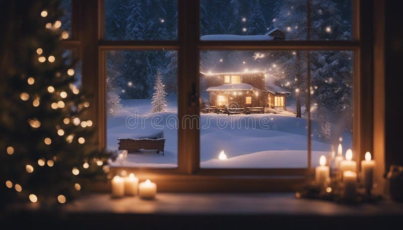 Christmas Tree in the Night a Snowy Night in a Cozy Cabin. the ... Christmas Tree in the Night a Snowy Night in a Cozy Cabin. the ...