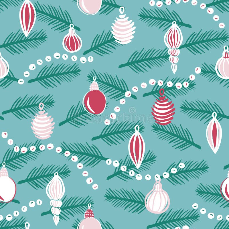 Christmas Tree Ornaments with Branches on Turquoise Background Seamless ...