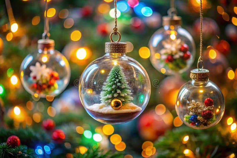 Christmas Tree Ornaments with Miniature Scenes Inside, Hanging on a ...