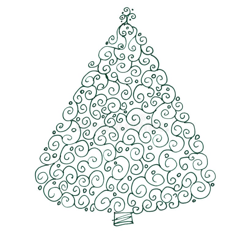 Christmas Tree with Patterns, Graphic Linear Drawing on White ...