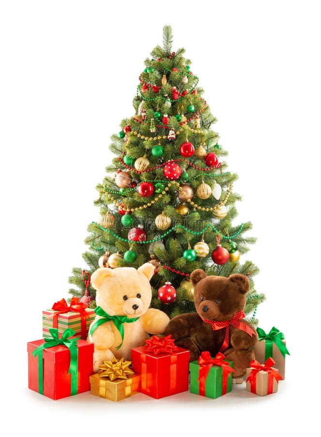 Christmas Tree, Pile of Christmas Gifts, Two Teddy Bears Isolated on ...