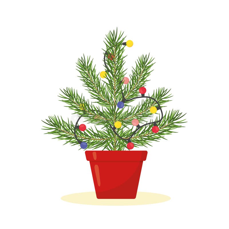 Christmas Tree in a Pot with with Glowing Lights Stock Vector ...