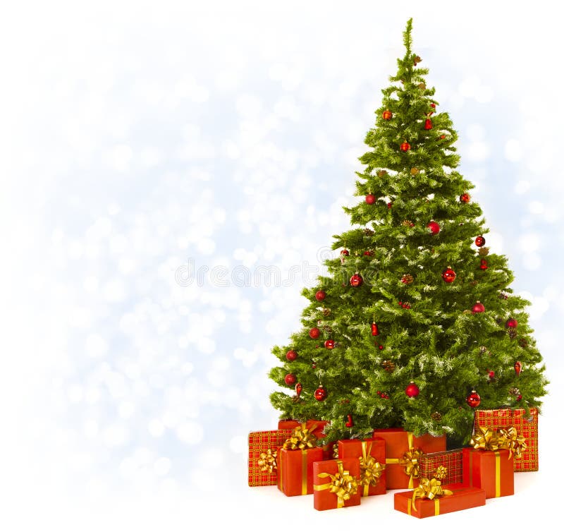 Christmas Tree with Present Gift Boxes, Decorated Xmas Tree Over Stock ...