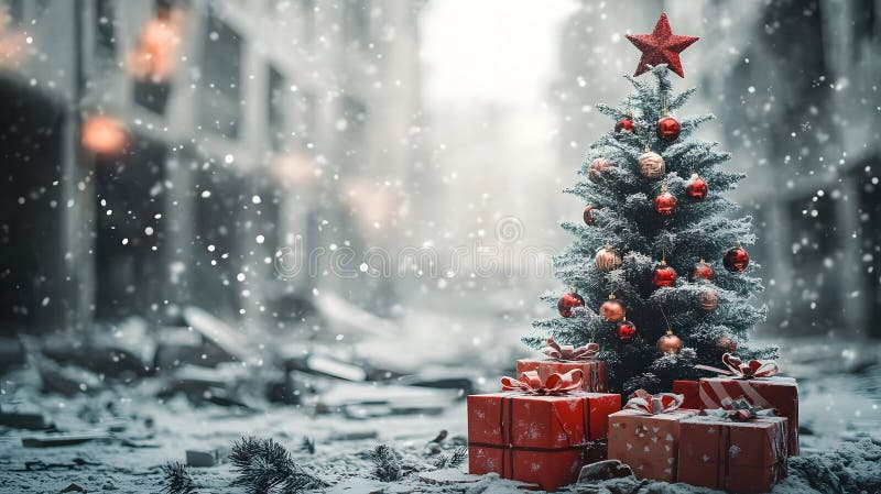 Christmas Tree with Presents Amidst a War Zone Winter Landscape Stock ...