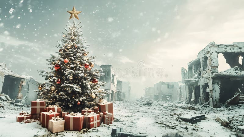 Christmas Tree with Presents Amidst a War Zone Winter Landscape Stock ...