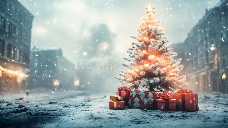 Christmas Tree with Presents Amidst a War Zone Winter Landscape Stock ...