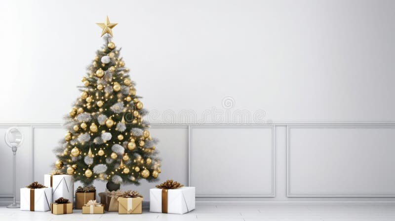 Christmas Tree, Presents and Decoration in Empty Living Room Stock ...
