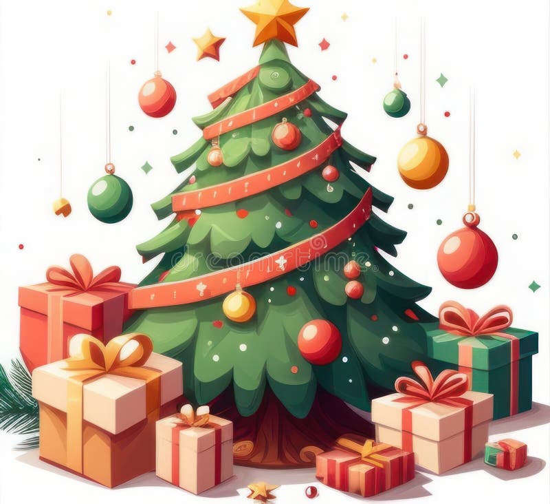 Christmas Tree with Presents and Decorations. Vector Illustration in ...