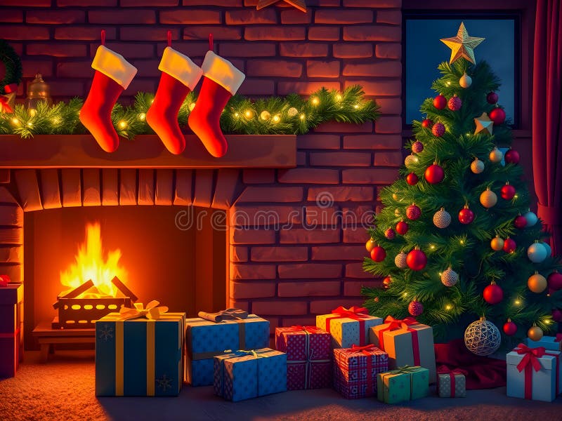 Christmas Tree with Presents in Front of Fireplace at Night. Stock ...