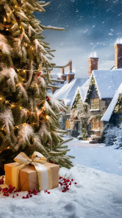 A Christmas Tree with Presents and a Snow Covered Village, AI Stock ...