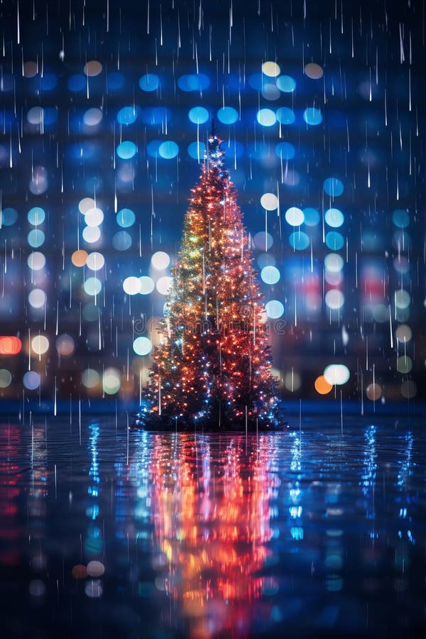 Christmas Tree in the Rain with City Lights in the Background Stock ...