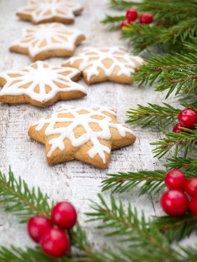 Christmas Tree and Red Berries and Star Cookies Stock Image - Image of ...