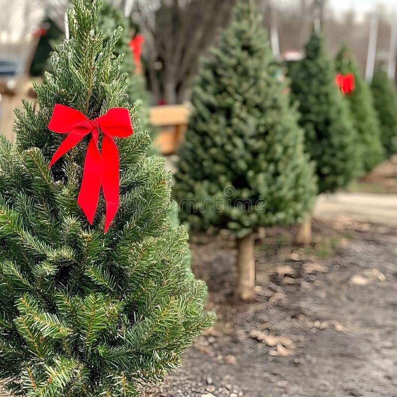 Christmas Tree with Red Bow Stock Illustration - Illustration of green ...