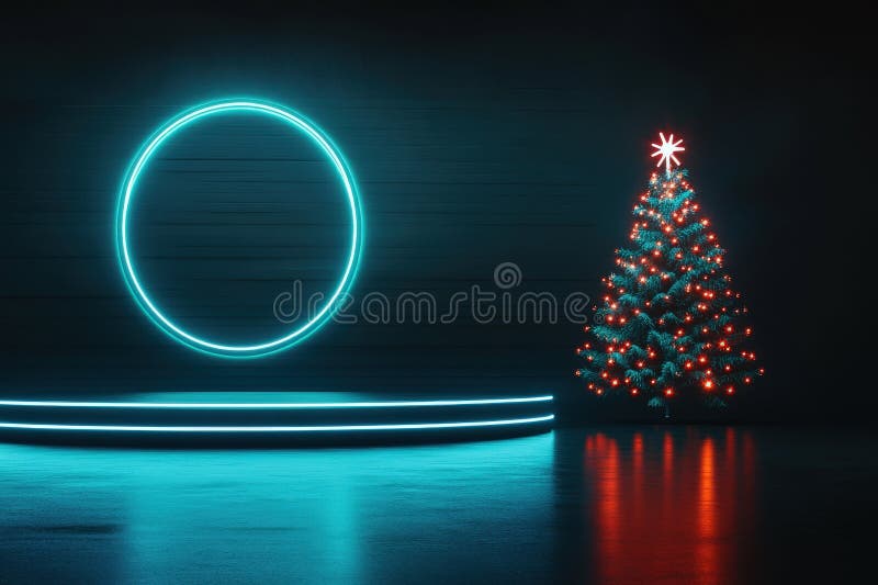 Neon Christmas Tree and Circle Frame. Stock Illustration - Illustration ...