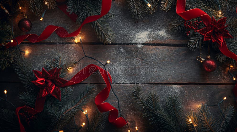 A Christmas Tree with Red Ribbons and Lights. Christmas Background ...