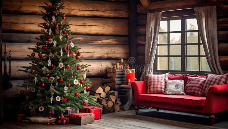 Christmas Tree and Red Sofa in the Interior of a Wooden House Stock ...