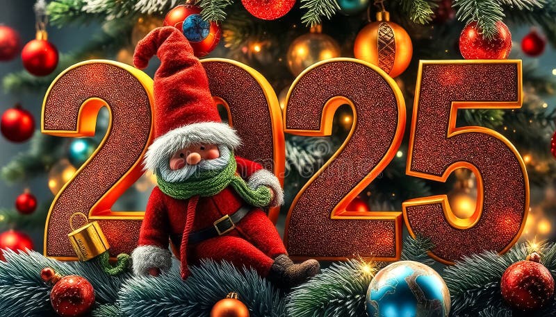 A Christmas Tree with a Red and White Santa Standing on it Stock Image ...