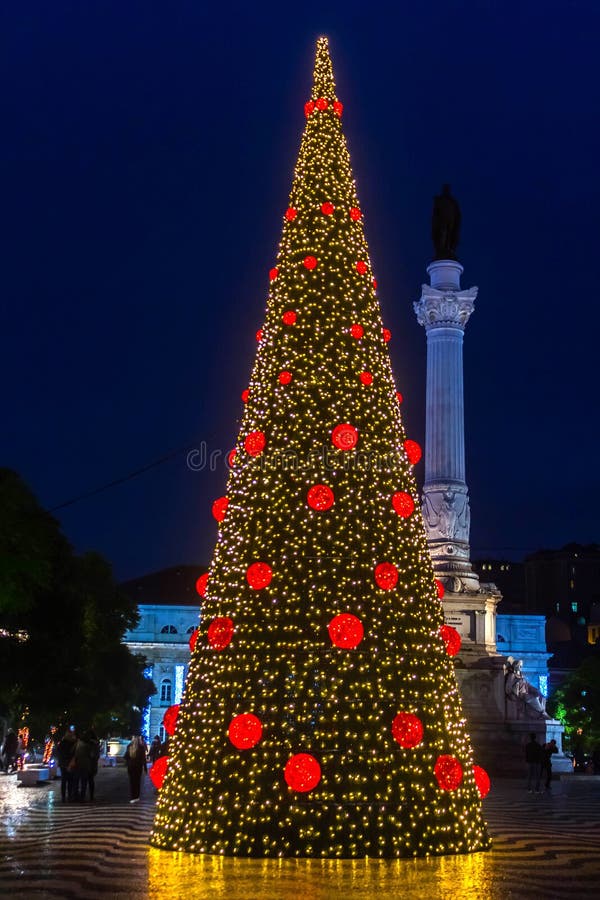 Christmas Tree on Rossio Square, Lisbon, Portugal Stock Photo - Image ...