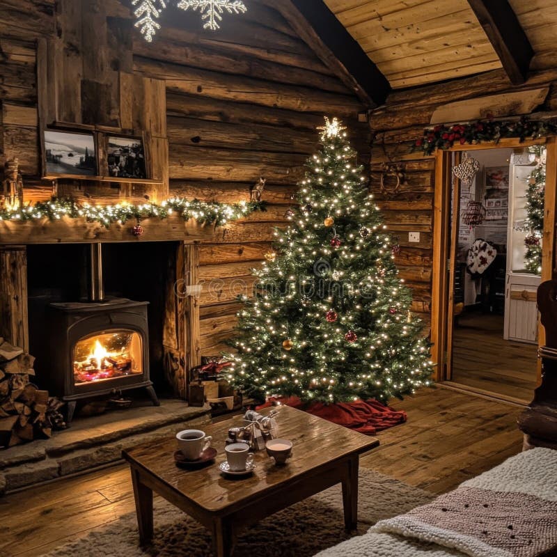A Christmas Tree in a Rustic Log Cabin Interior Stock Illustration ...