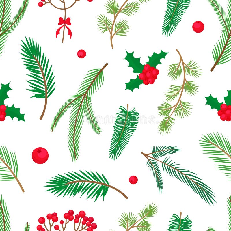 Christmas Tree Seamless Pattern. Cedar Pine Fir Trees Branches. Doodle ...