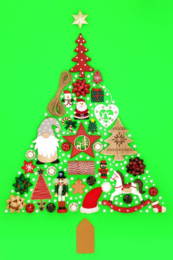 Christmas Tree Shape Concept with Old Fashioned Decorations Stock Photo ...