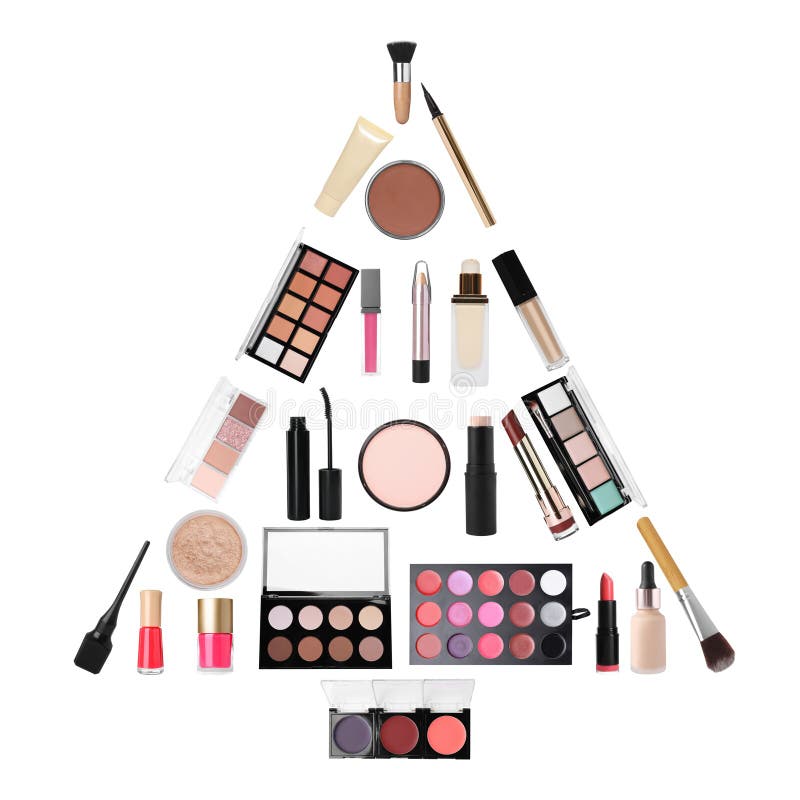 Christmas Tree Shape Made with Different Makeup Products on White ...