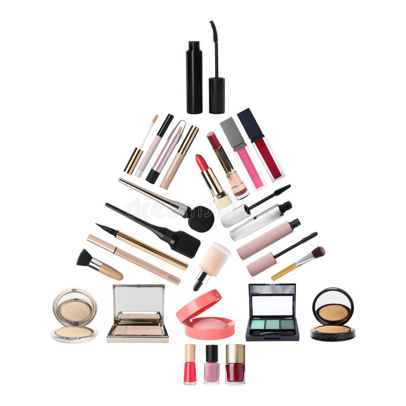 Christmas Tree Shape Made with Different Makeup Products on White ...