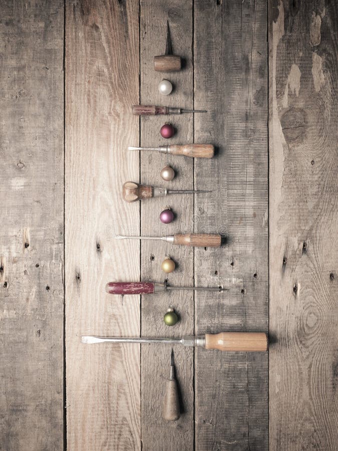 Christmas Tree Shape with Old Used Vintage Tools Stock Photo - Image of ...