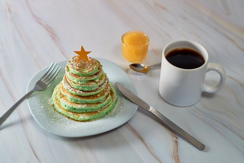 Christmas Tree Shaped Pancakes on the Table. Christmas Breakfast ...