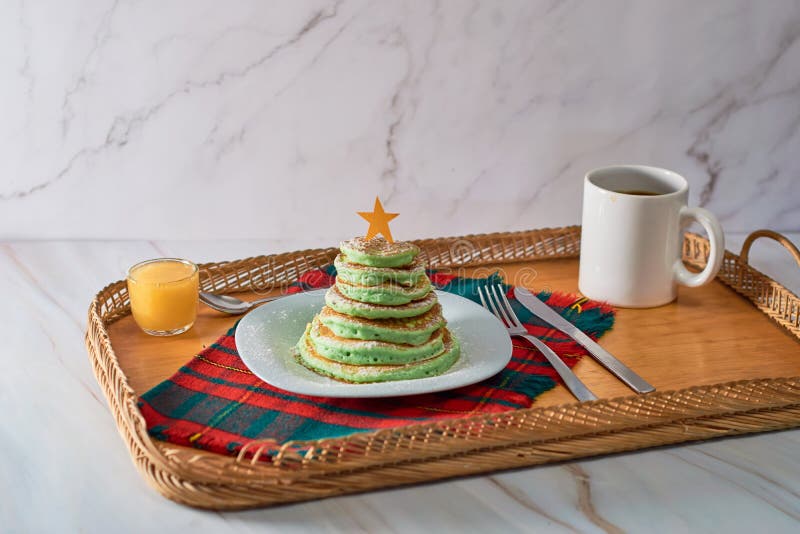 Christmas Tree Shaped Pancakes on the Table. Christmas Breakfast ...