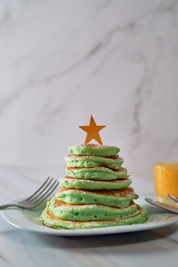 Christmas Tree Shaped Pancakes on the Table. Christmas Breakfast ...