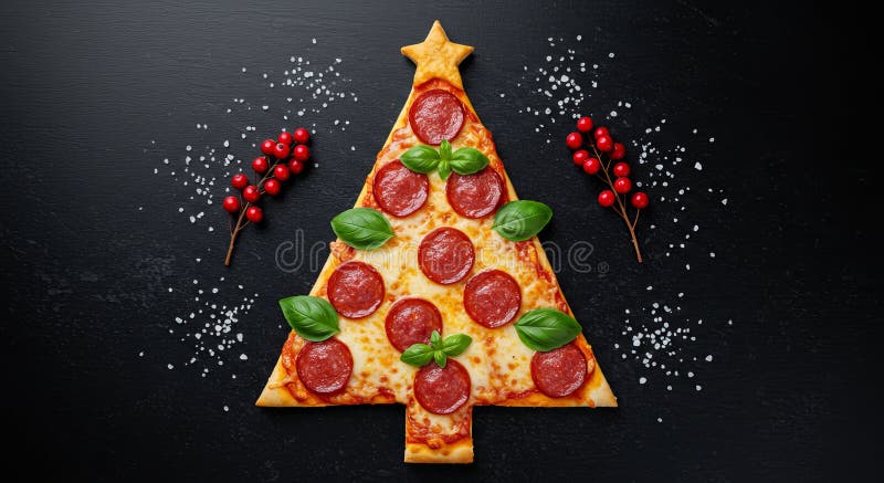 Christmas Tree Shaped Pizza Decorated with Basil on Dark Background ...