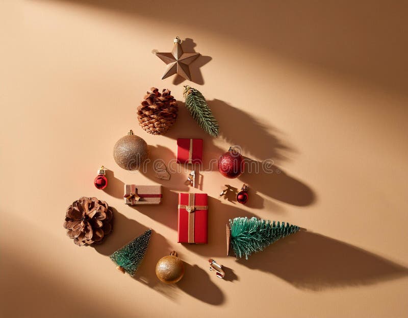 Christmas Tree Shaped Shadow Cast by Various Holiday Items Arranged ...