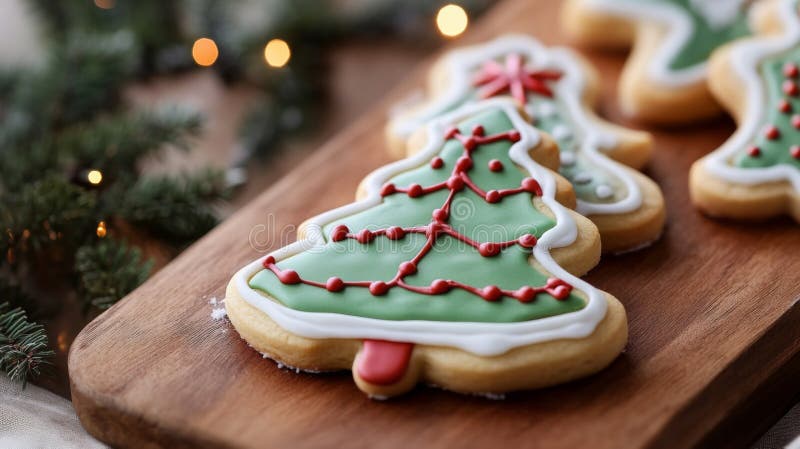 A Christmas Tree-Shaped Sugar Cookie with Red and White Icing Stock ...