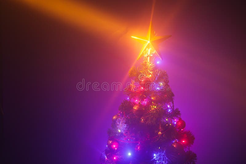 Christmas Tree with Shining Star and Dense Mist Stock Photo - Image of ...