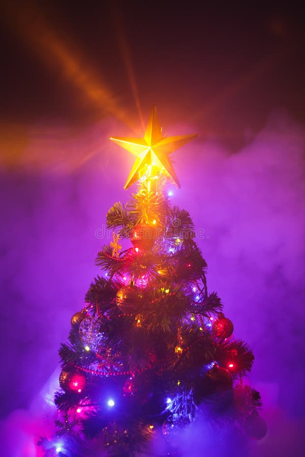 Christmas Tree with Shining Star and Frozen Mist Stock Image - Image of ...