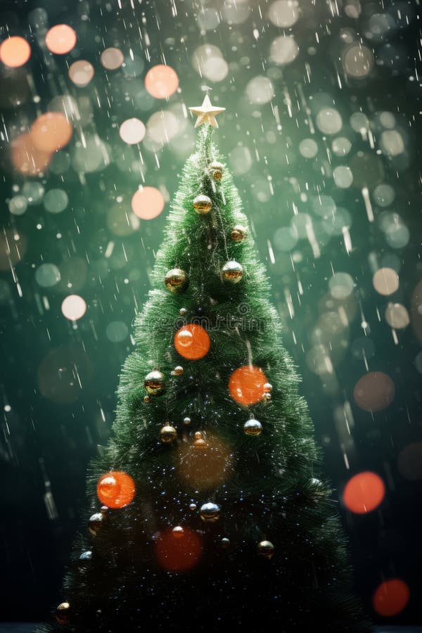 A Christmas Tree is Shown in the Rain with Snow Falling Stock ...