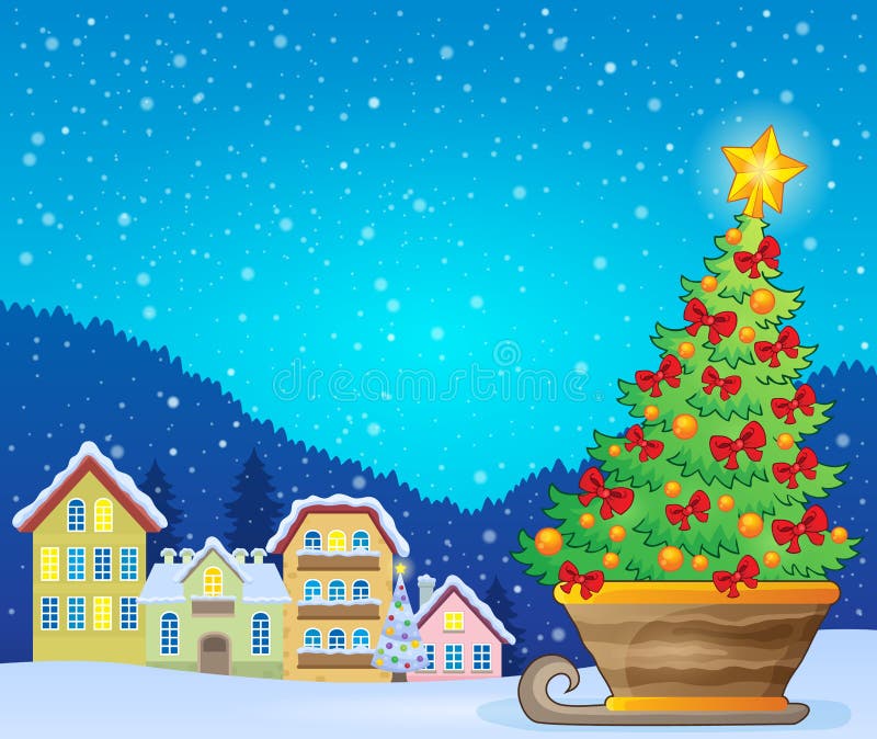 Christmas Tree on Sledge Near Village Stock Vector - Illustration of ...