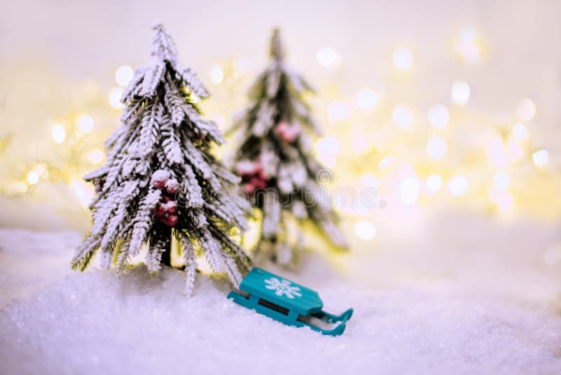 Christmas Tree with Snow and Sledge Stock Image - Image of flower ...
