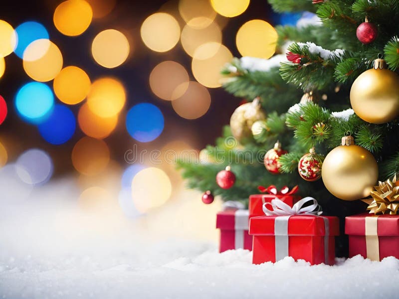 Christmas Tree in the Snow with Gifts and Lights Stock Illustration ...