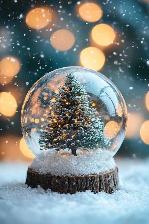 Christmas Tree in Snow Globe with Lights Stock Photo - Image of cozy ...