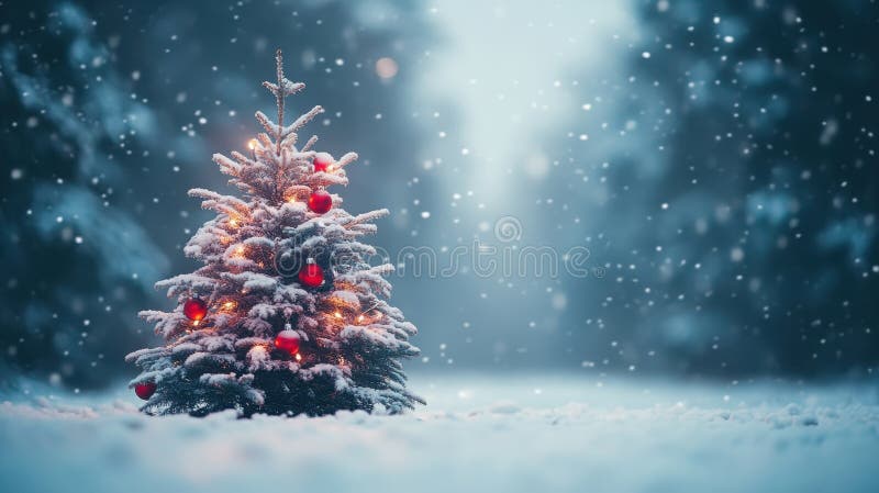 Christmas Tree in Snowy Forest, Festive Winter Scene Stock Illustration ...