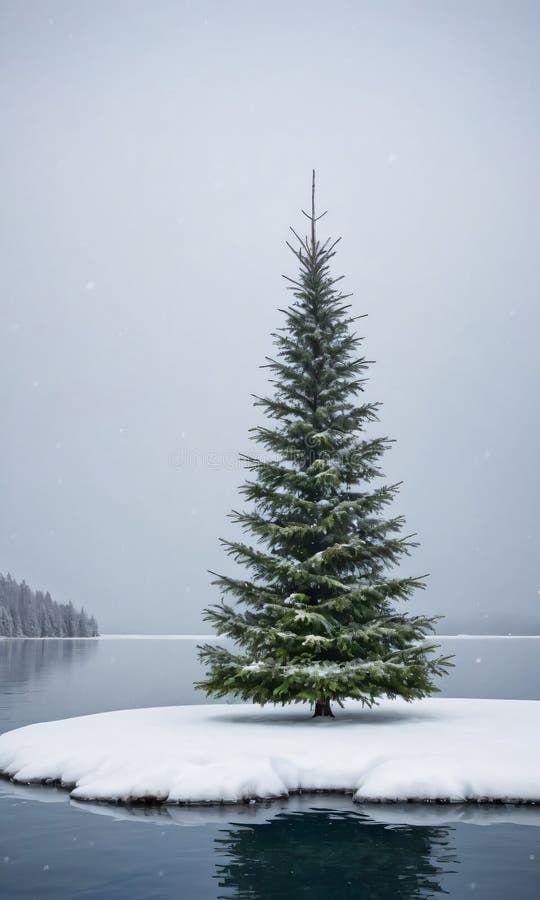 A Christmas Tree on a Snowy Island, Surrounded by Calm Waters ...