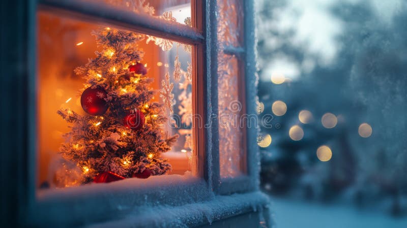 Christmas Tree through a Snowy Window Stock Illustration - Illustration ...
