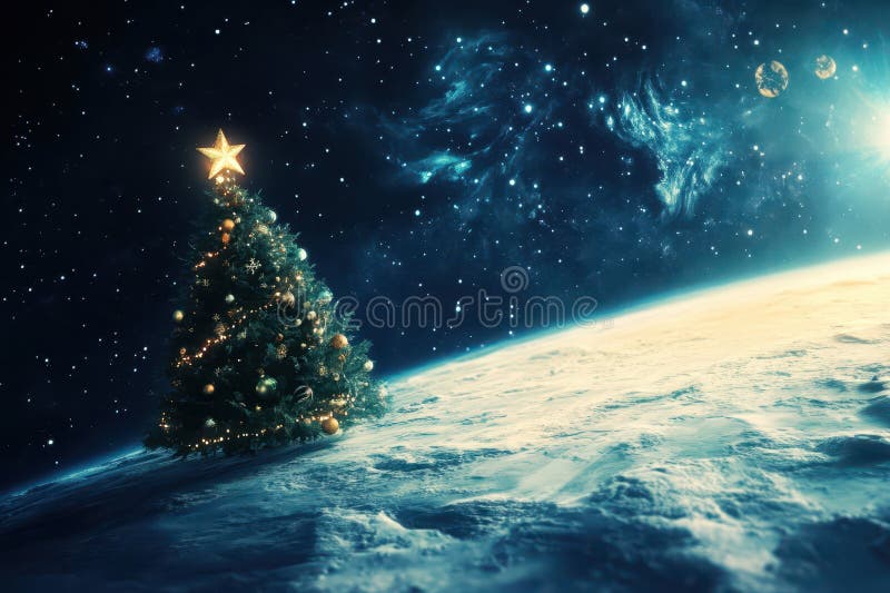 Christmas Tree in Space with Glowing Star Decorations Stock ...