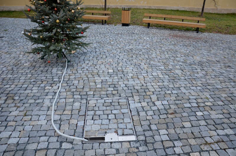 Christmas Tree in the Square. the Connection of the Decoration Lights ...