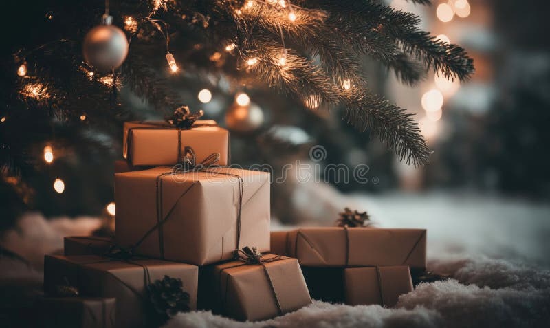 A Christmas Tree with a Stack of Presents on the Ground Stock Photo ...